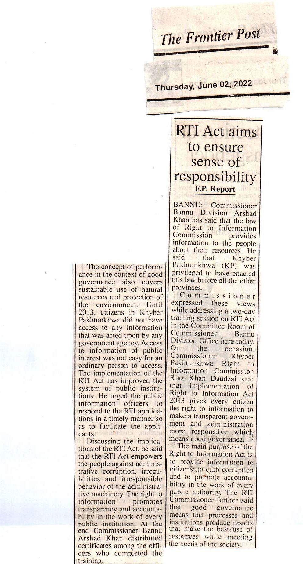 The Frontier Post (02-06-2022) – RTI Act aims to ensure sense of ...