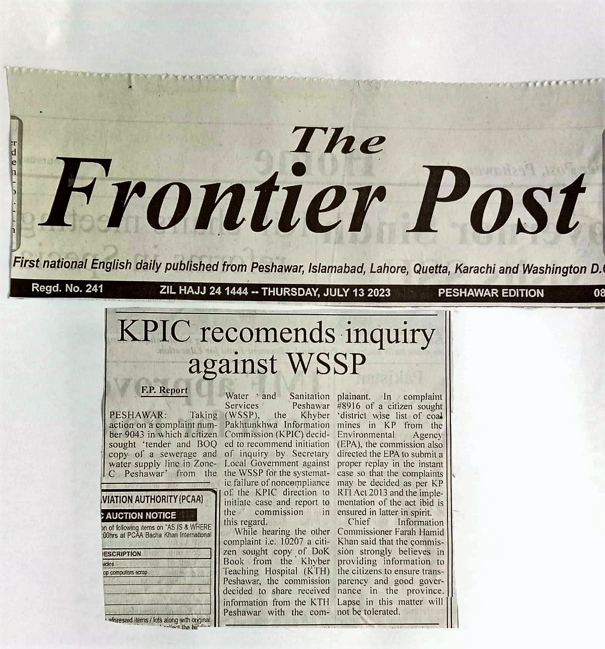 The Frontier Post – KPIC recommends inquiry against WSSP – KPIC